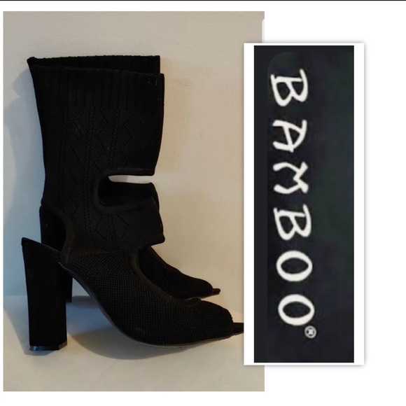 BAMBOO | Shoes | Bamboo Black Stretch Knit Open Toe Calf Boots Sandals ...